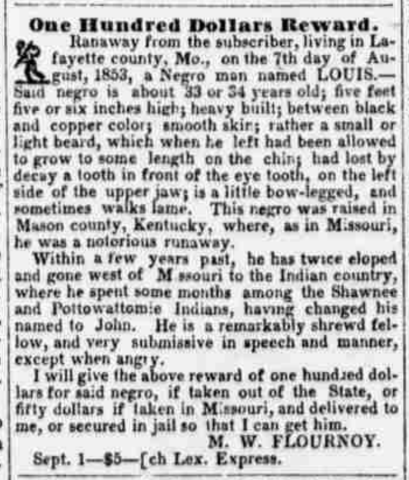 1853 Runaway Ad --Louis (alias John) | Slave Stampedes on the Southern Borderlands